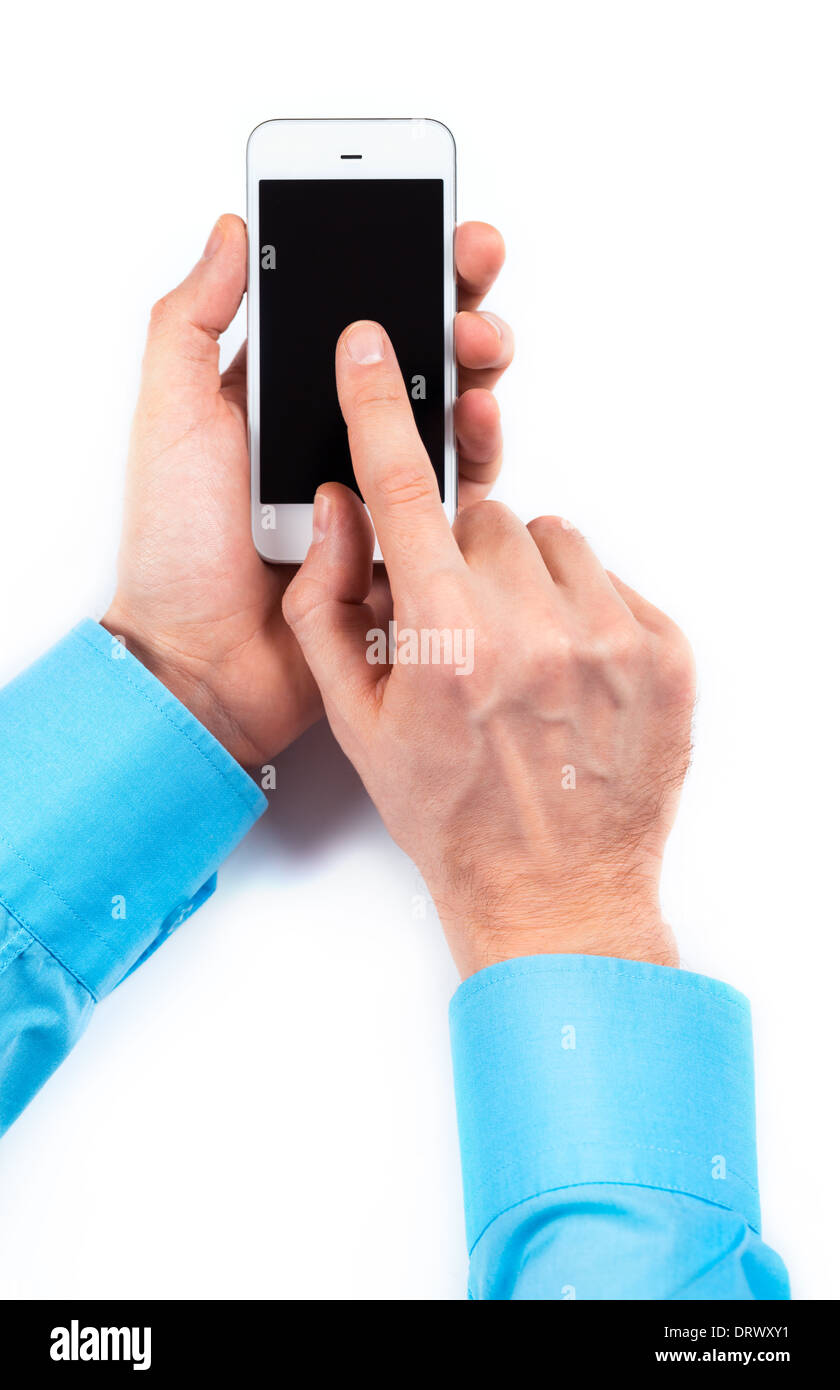 Businessman's hands using smartphone on white background Stock Photo ...