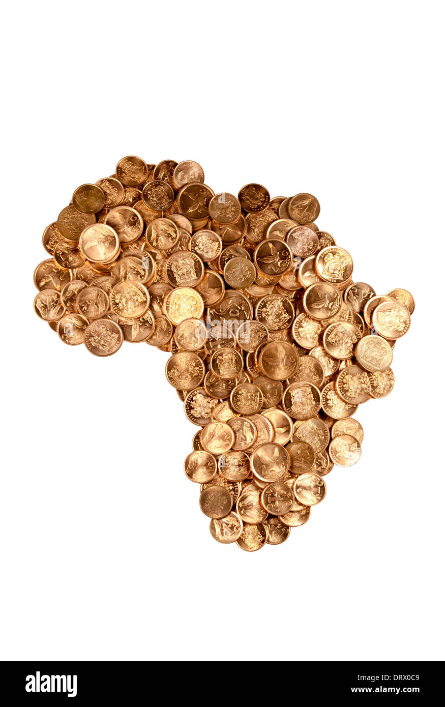 South African coins arranged in the shape of Africa isolated on white ...
