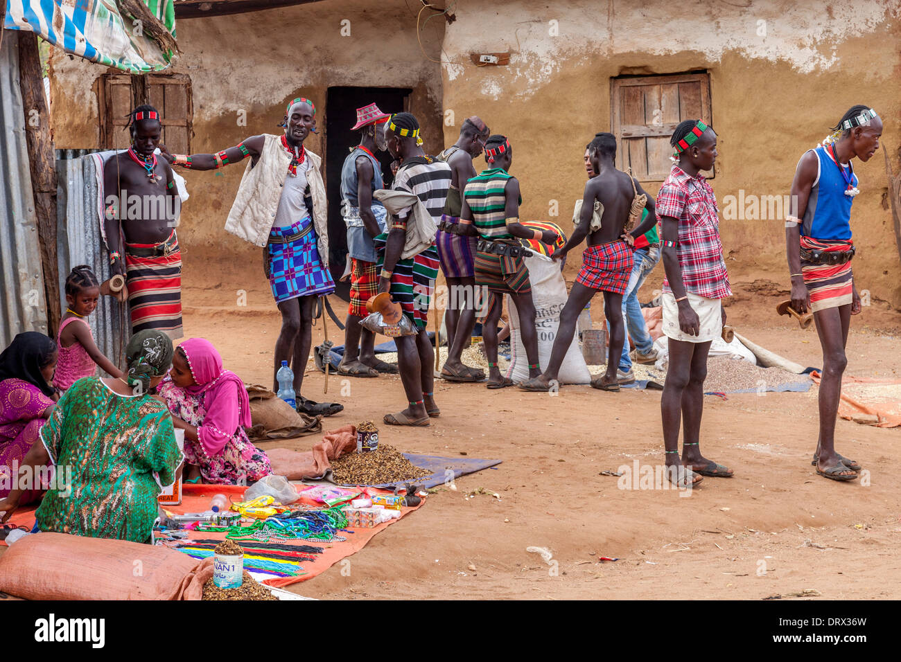 Hamer Men At The Saturday Market In Dimeka, Omo Valley, Ethiopia Stock ...