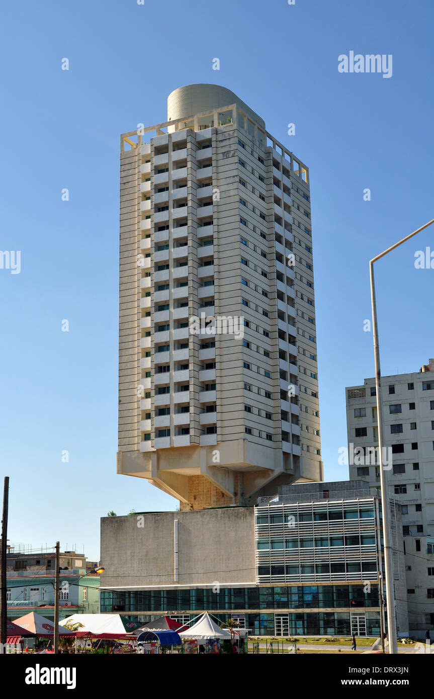 Havana, Cuba: modern apartment block near the Malecon on the seafront ...