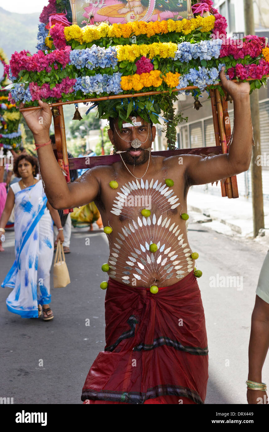A devotee of lord Muruga carrying a decorative cavadee and body pierced ...