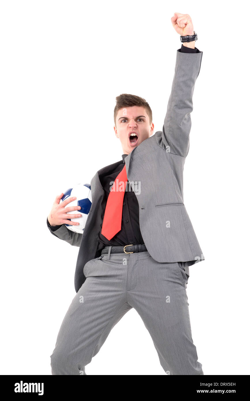 Happy businessman celebrating a goal isolated in white Stock Photo - Alamy