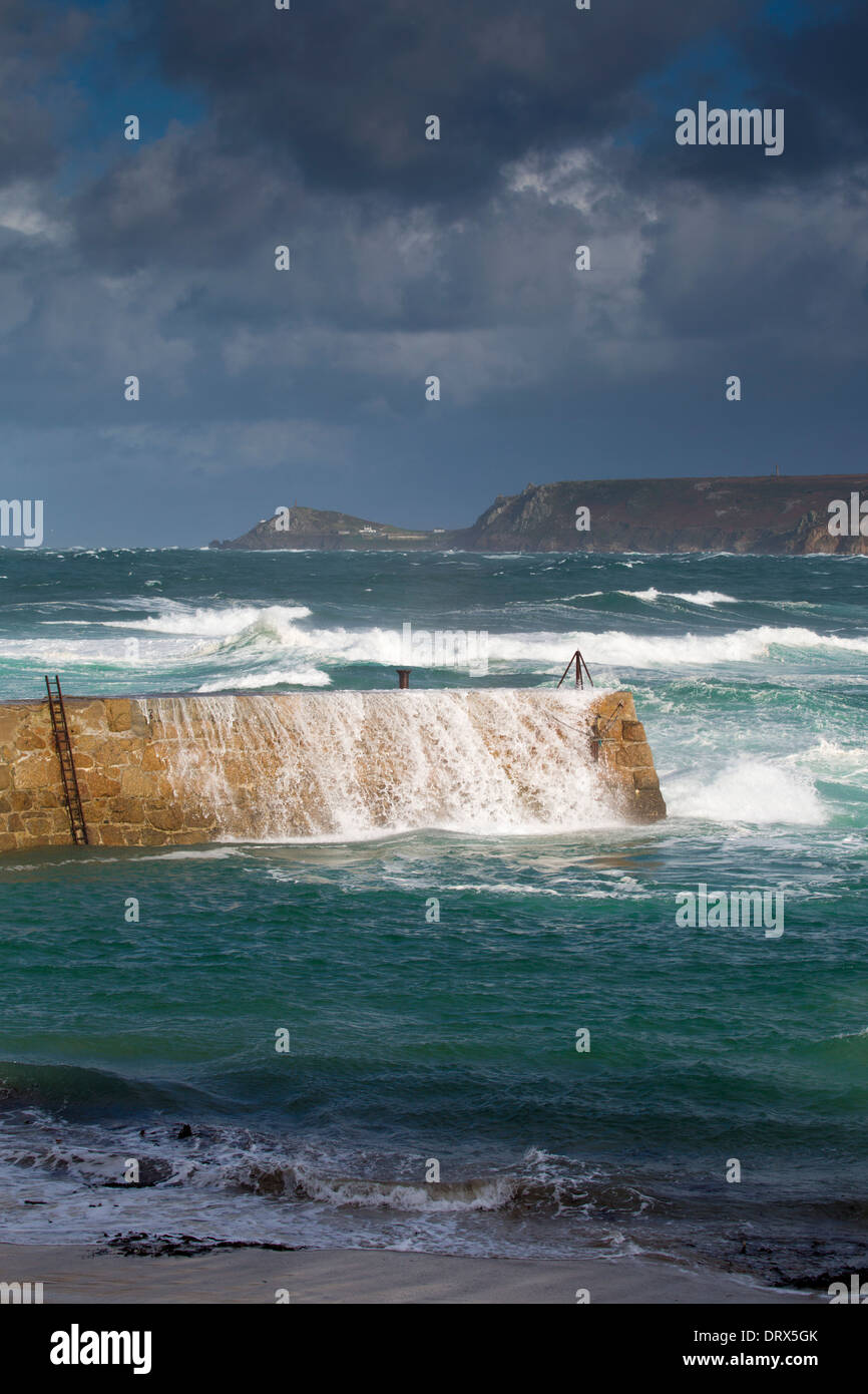 Sennen; Wave Breaking Over Pier; Cornwall; UK Stock Photo - Alamy