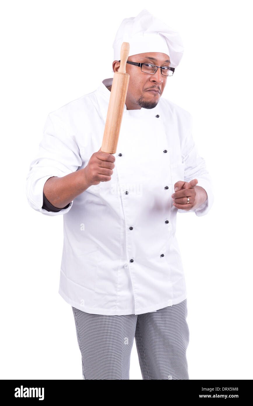 Chef with rolling pin isolated on white background Stock Photo - Alamy