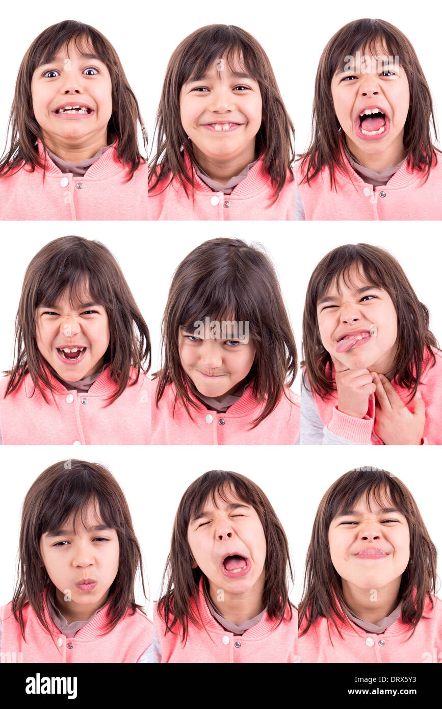 Funny young girl making several different faces isolated in white Stock ...