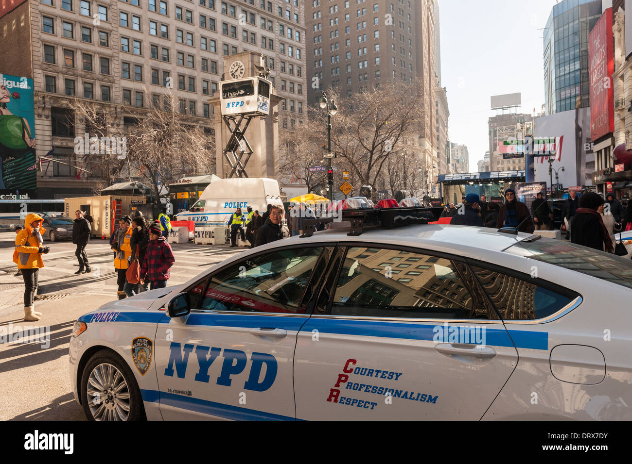 NYPD security tower and vehicle on Super Bowl Boulevard in Midtown ...