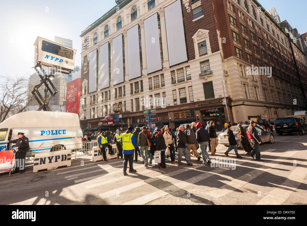 NYPD security tower on Super Bowl Boulevard in Midtown Manhattan in New ...