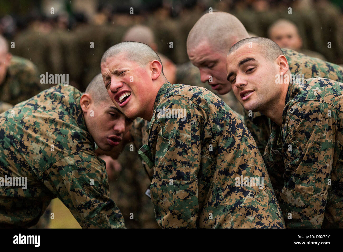 US Marine recruits choke and gasp for air after exiting the gas chamber ...