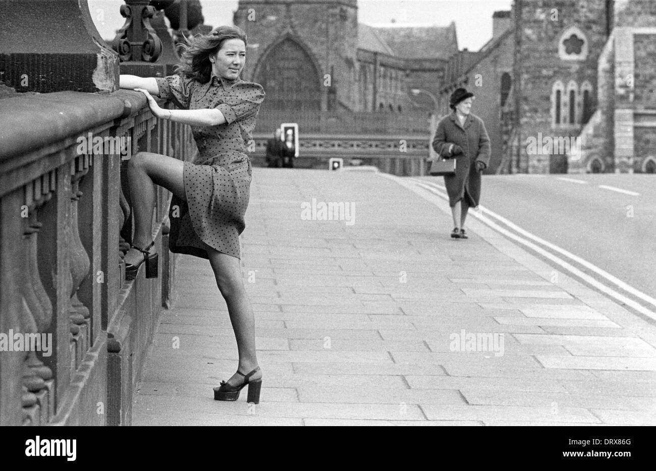 Young woman modelling dress and platform shoes Britain 1972 1970s Stock ...