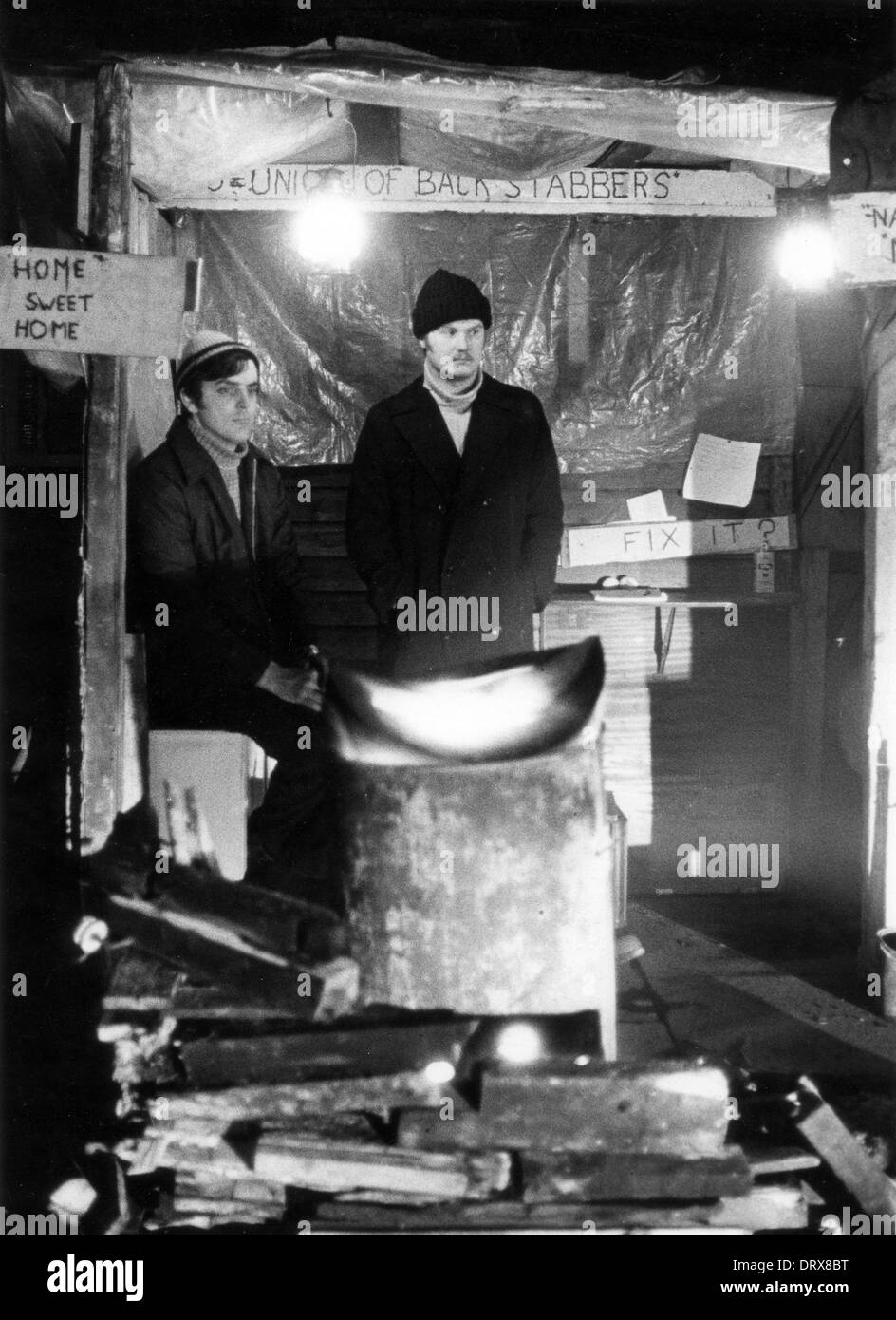 Striking firemen on picket line at night in Telford Uk 1978. Picture by ...