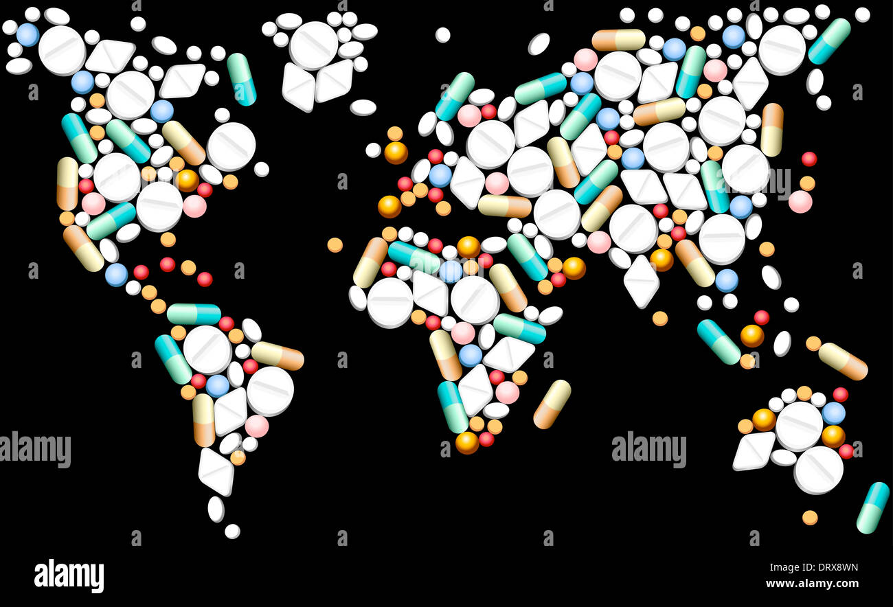 Tablets, pills and capsules, that shape the map of the world Stock ...