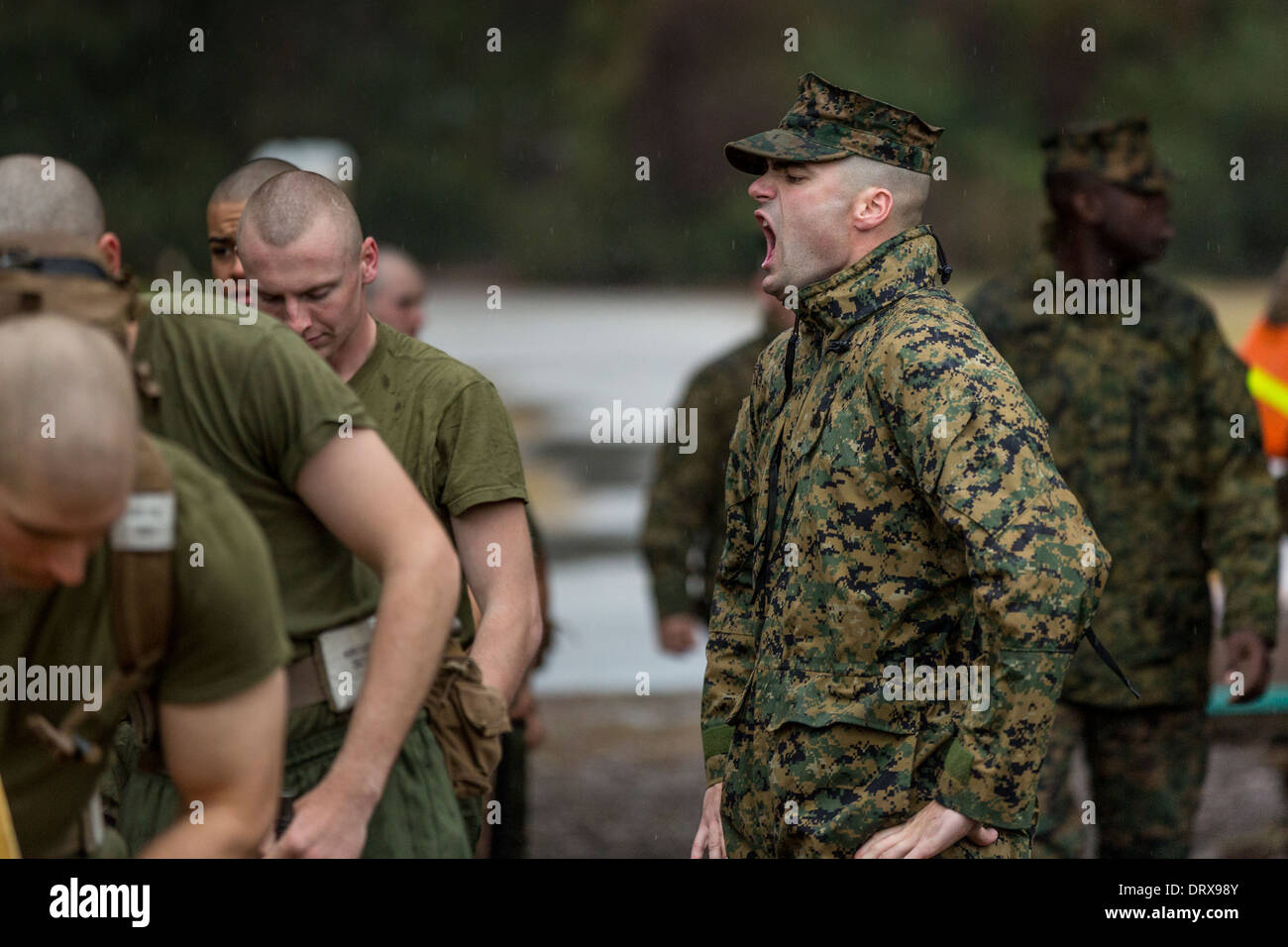 US Marine drill instructor yells orders to recruits during boot camp ...