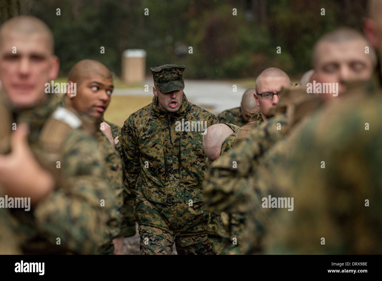 US Marine drill instructor yells orders to recruits during boot camp ...
