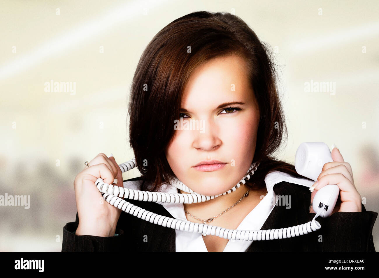 portairt of woman with telephone cord wrapped around face Stock Photo ...