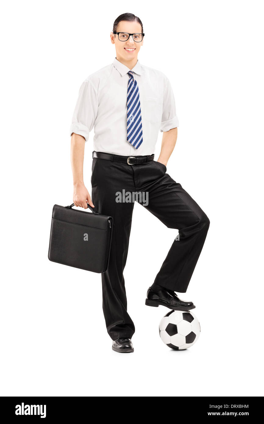 Full length portrait of a young businessman with briefcase and football ...