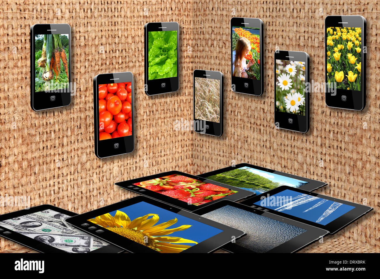modern mobile phones and tablets with different colored images Stock ...