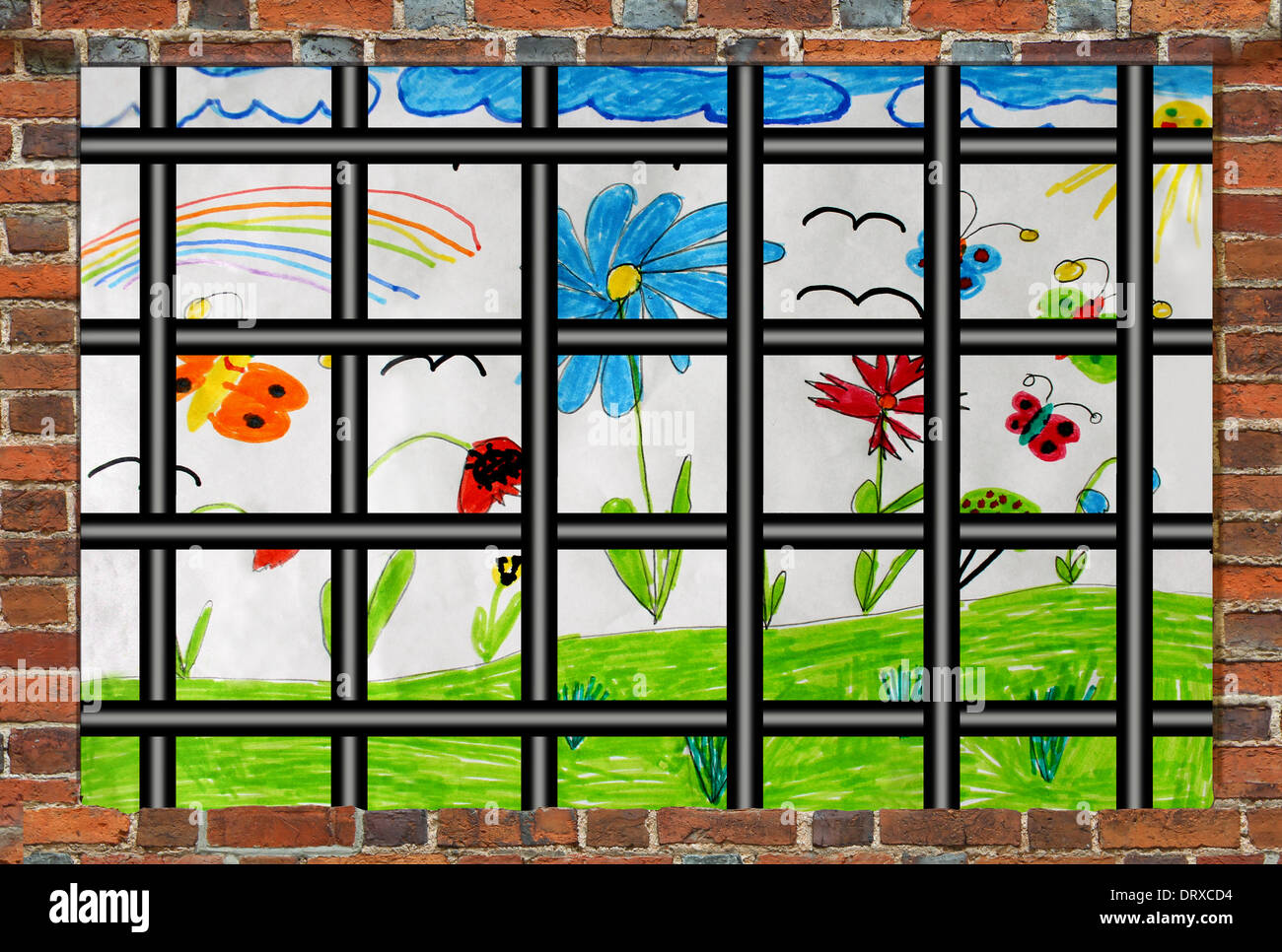 Prison's window with bars and children's drawing outside with house ...