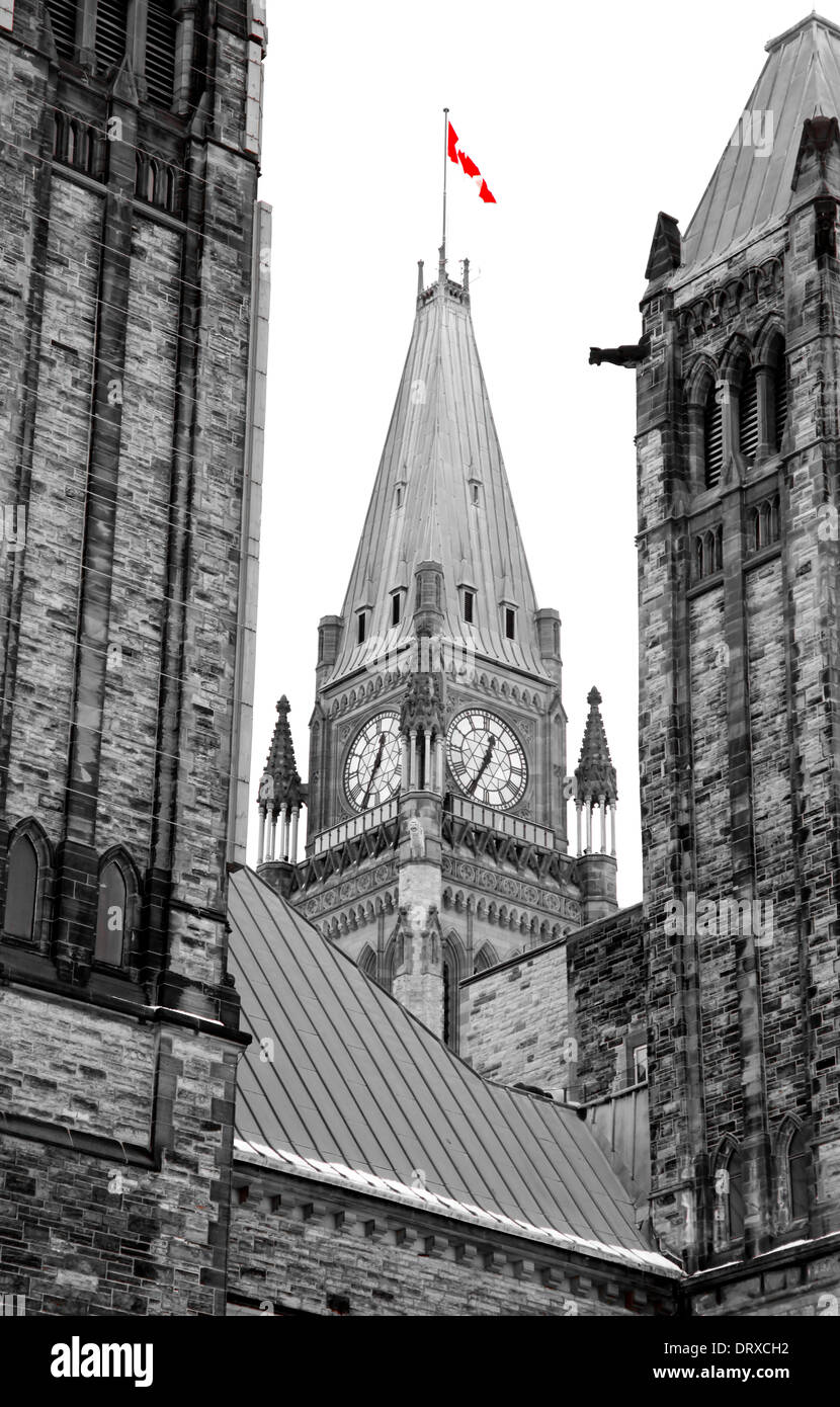 Black and white photo of the clock tower of the parliament buildings in ...