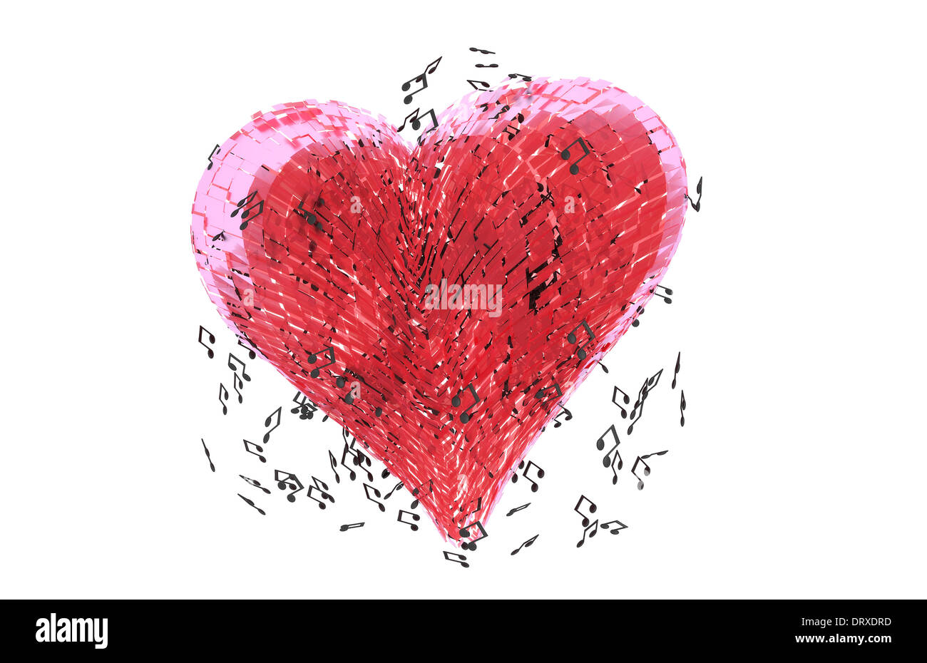 Musical notes beating and breaking from a red heart on a white ...