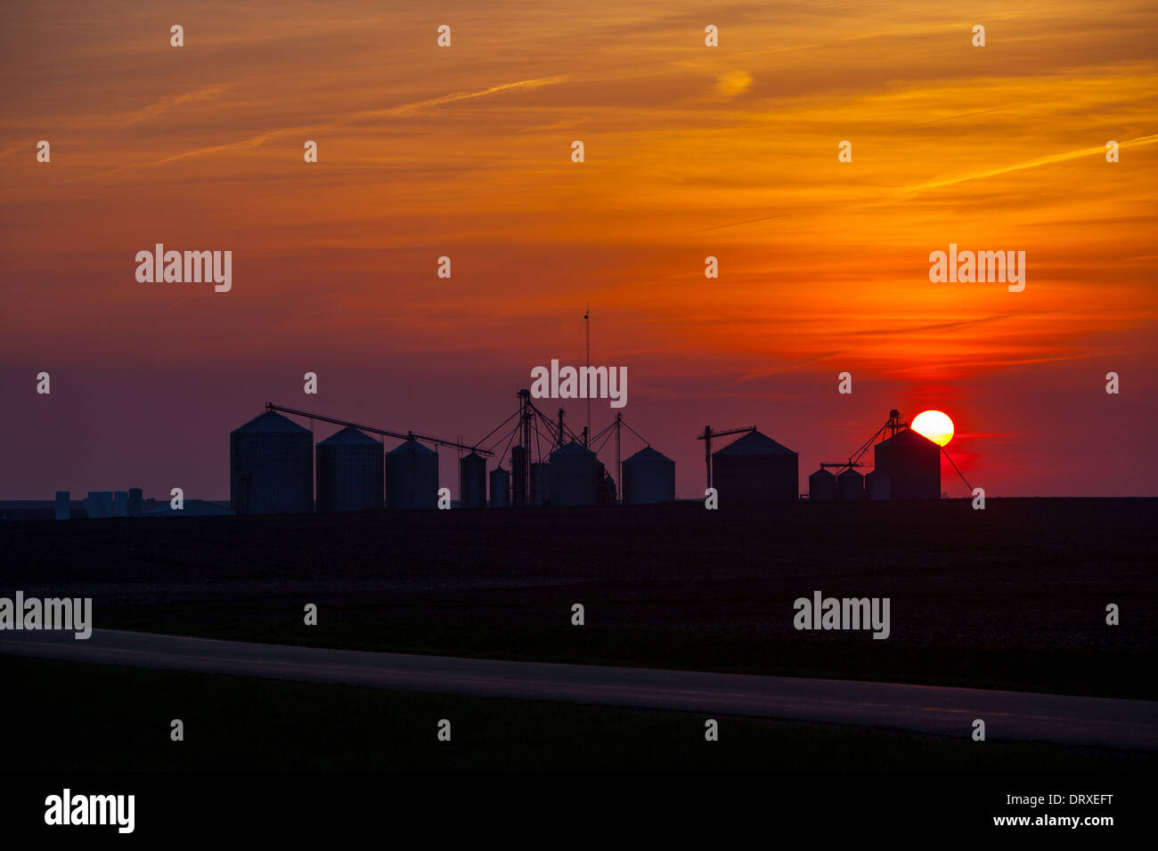 Midwestern grain elevator at sunset on the plains of Illinois Stock ...