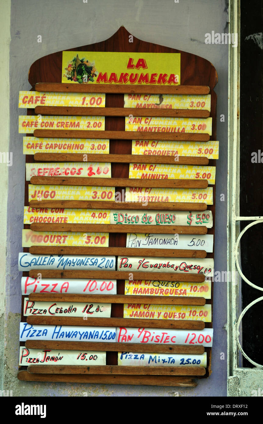 Havana, Cuba: menu at a small refreshment shop in the city center Stock ...