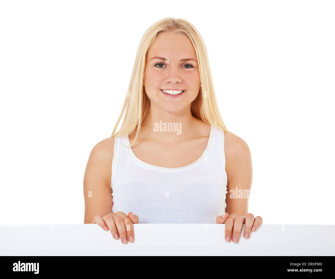 Attractive girl behind white placeholder. All on white background Stock ...