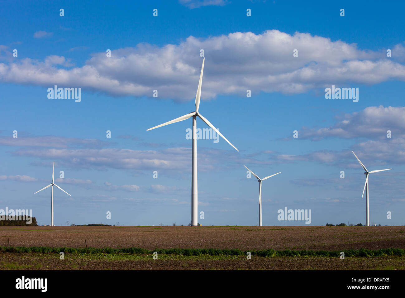 Wind turbines spin high above the Illinois prairie, generating green ...