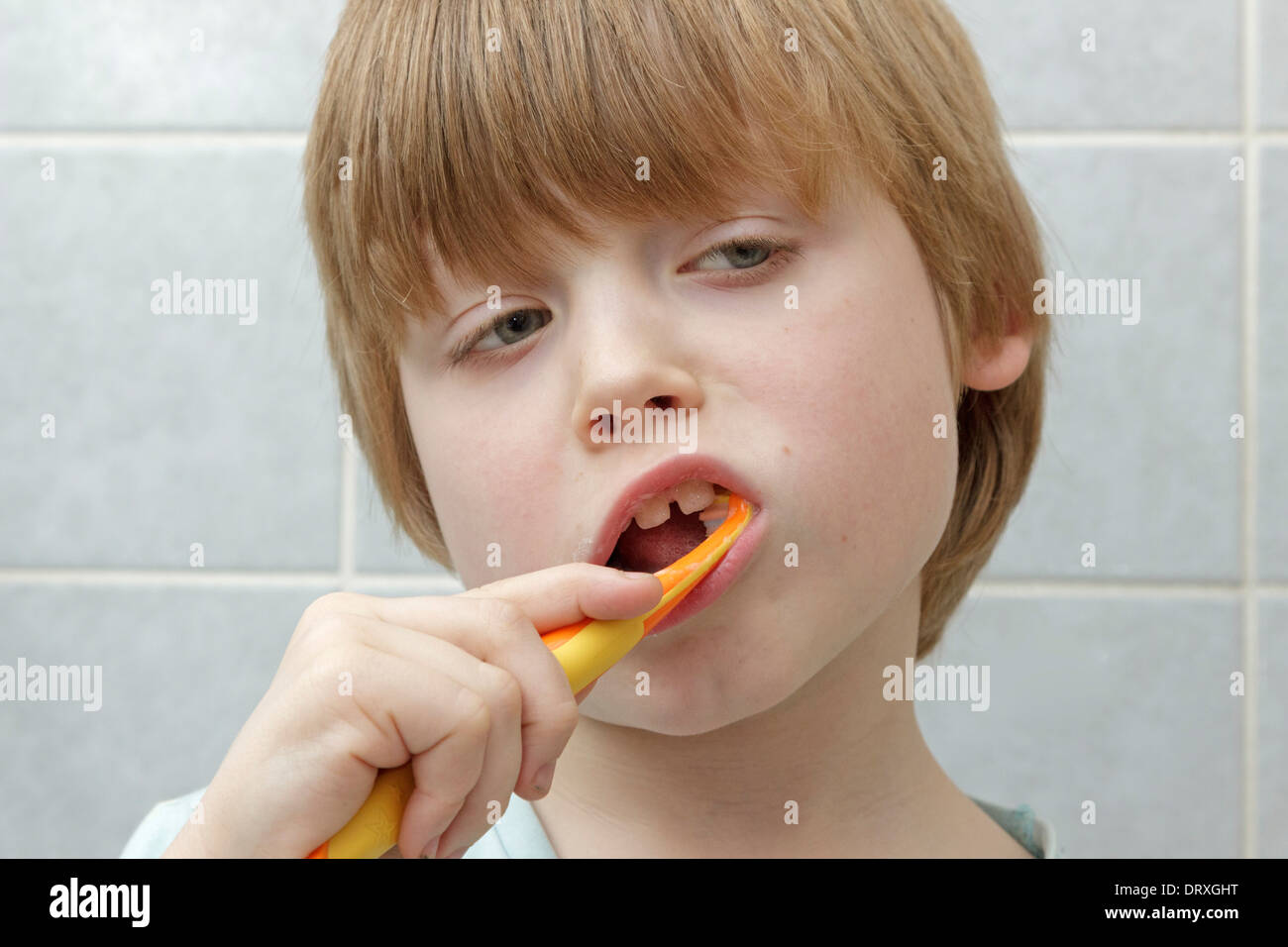 portrait of a young boy brushing his teeth Stock Photo - Alamy