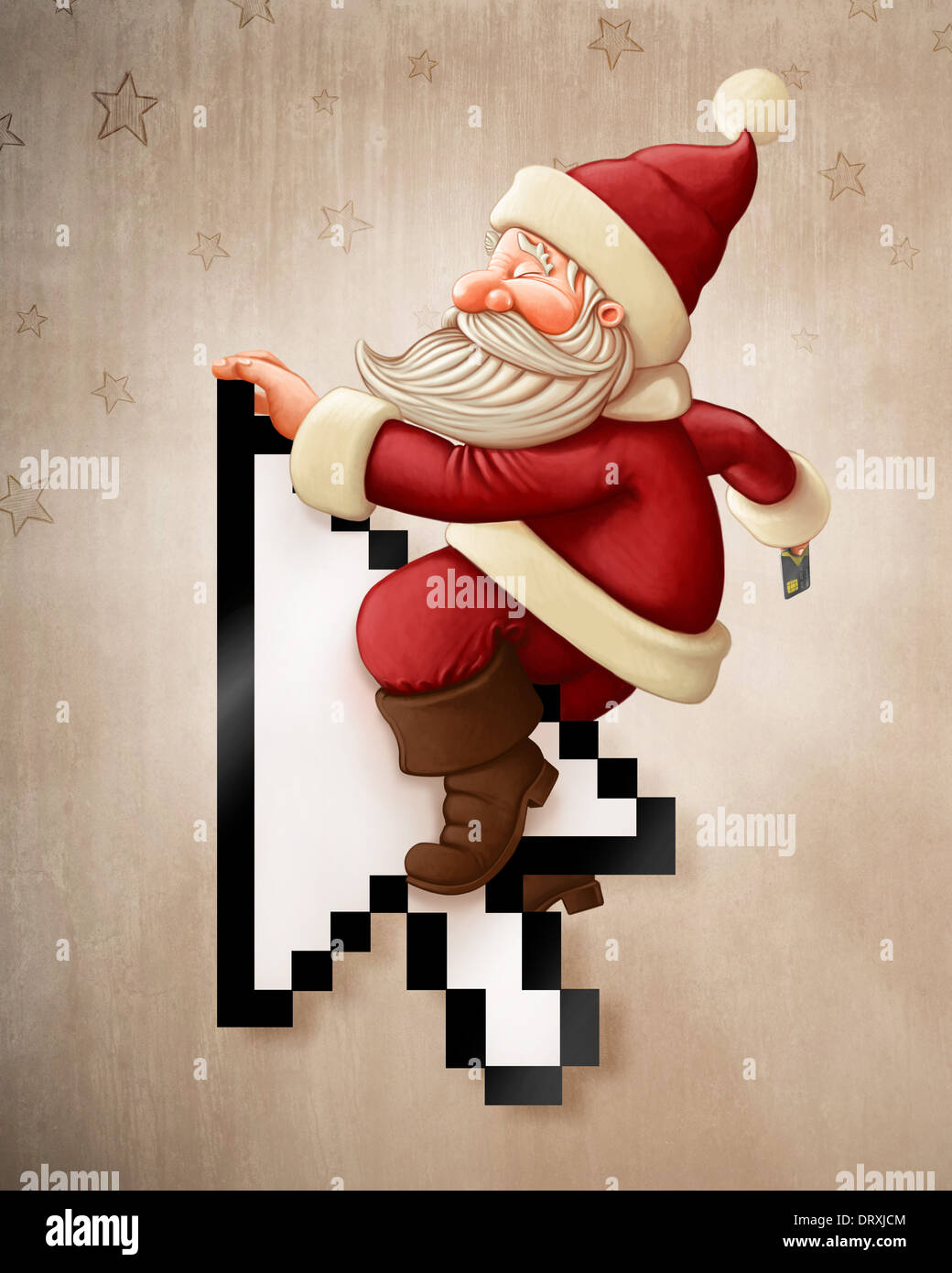 Santa Claus with credit card rides arrow cursor Stock Photo - Alamy