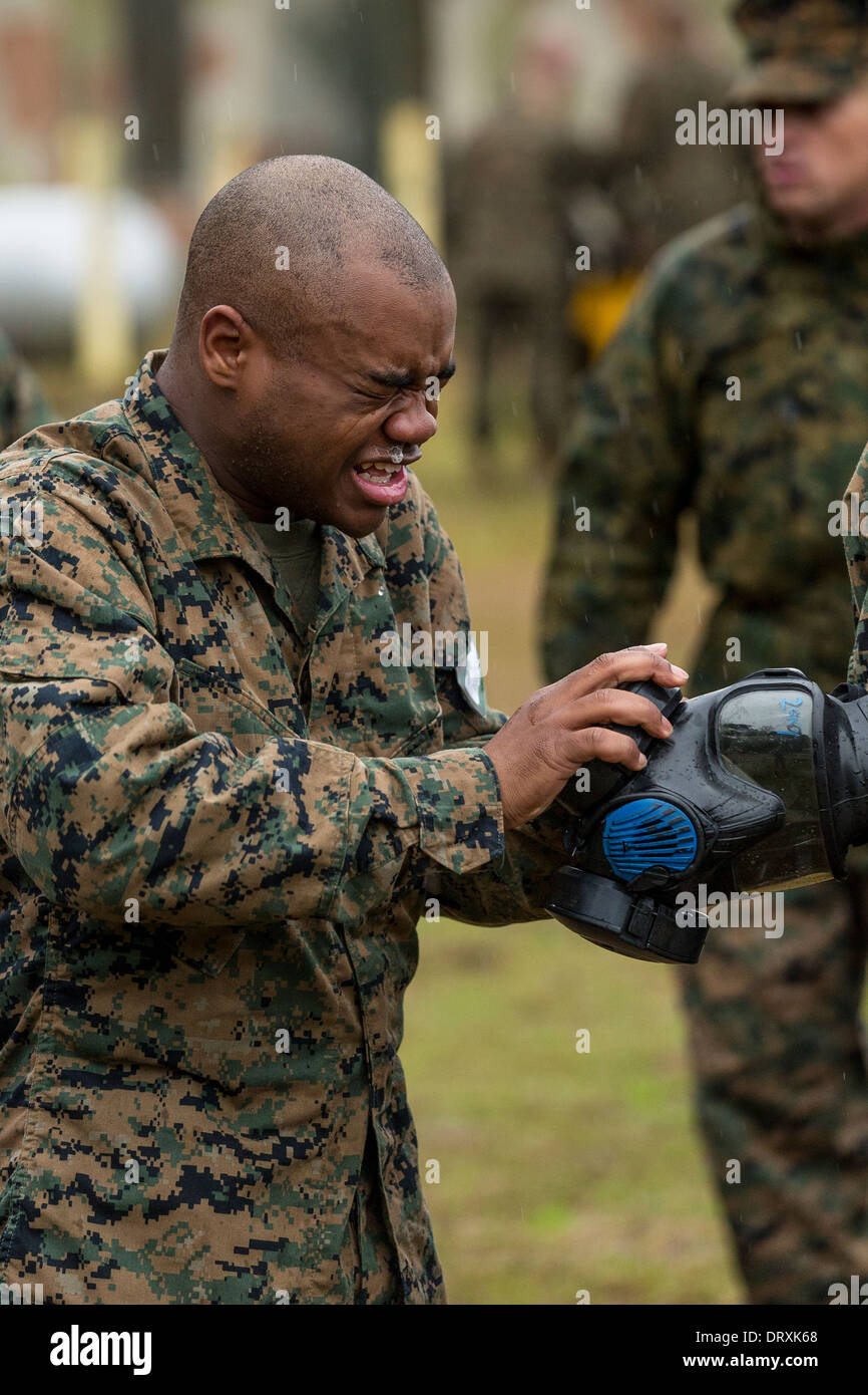 US Marine recruits choke and gasp for air after exiting the gas chamber ...