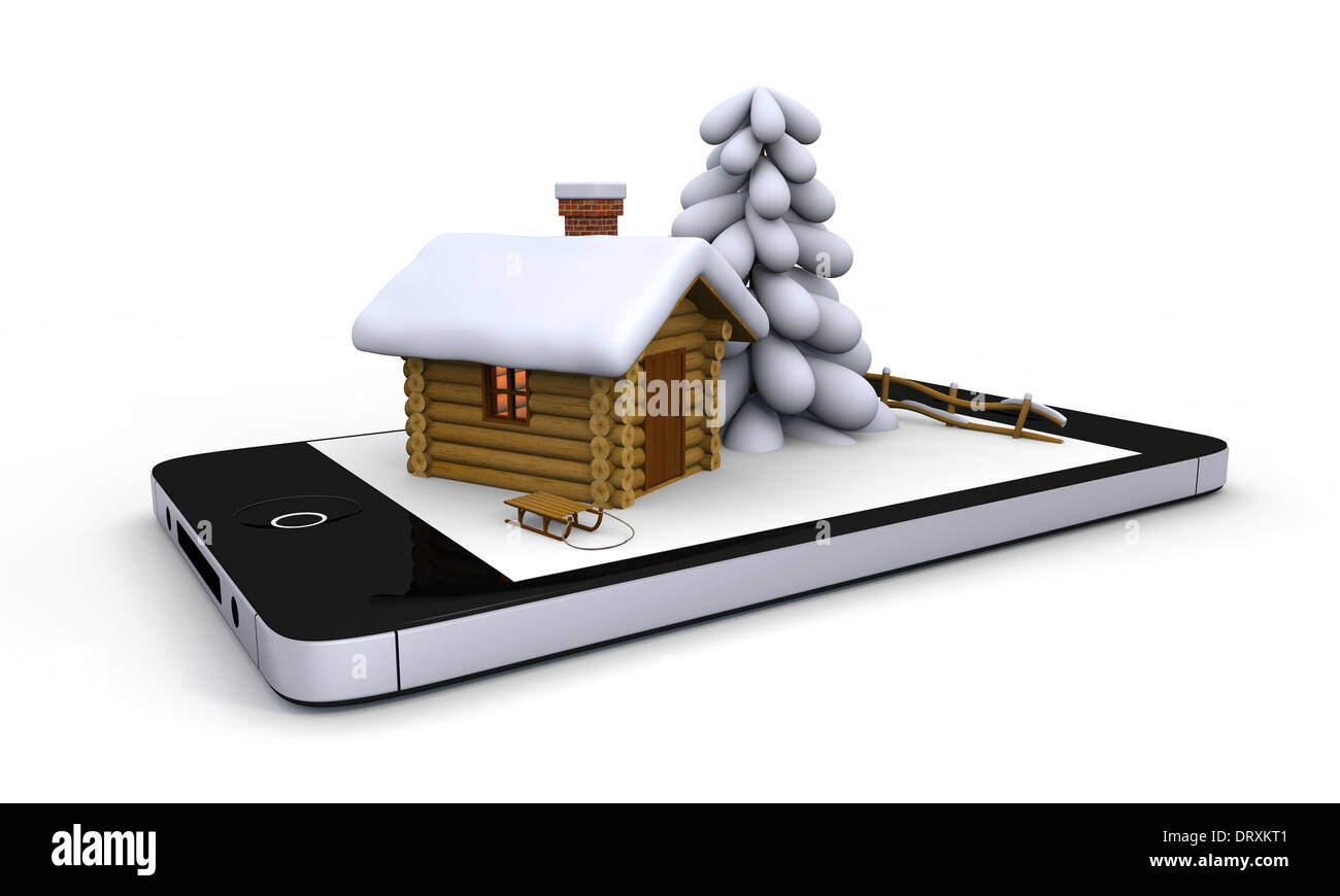 Little log cabin with winter theme on white screen of a mobile phone ...