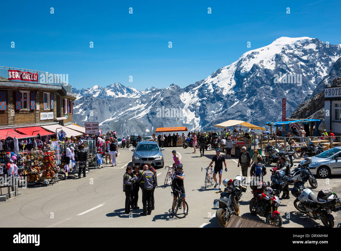 BMW saloon car arrives at Cima Coppi on The Stelvio Pass, Passo dello ...