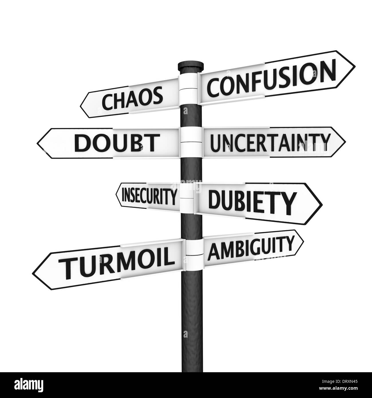 Signpost with confusion-related names pointing in every direction Stock ...
