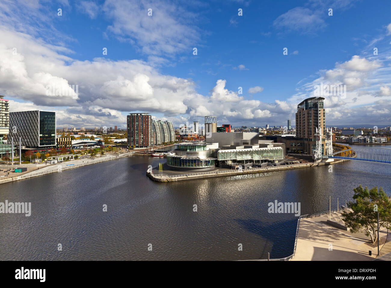 Manchester cityscape with modern buildings at the Salford Quays Stock ...