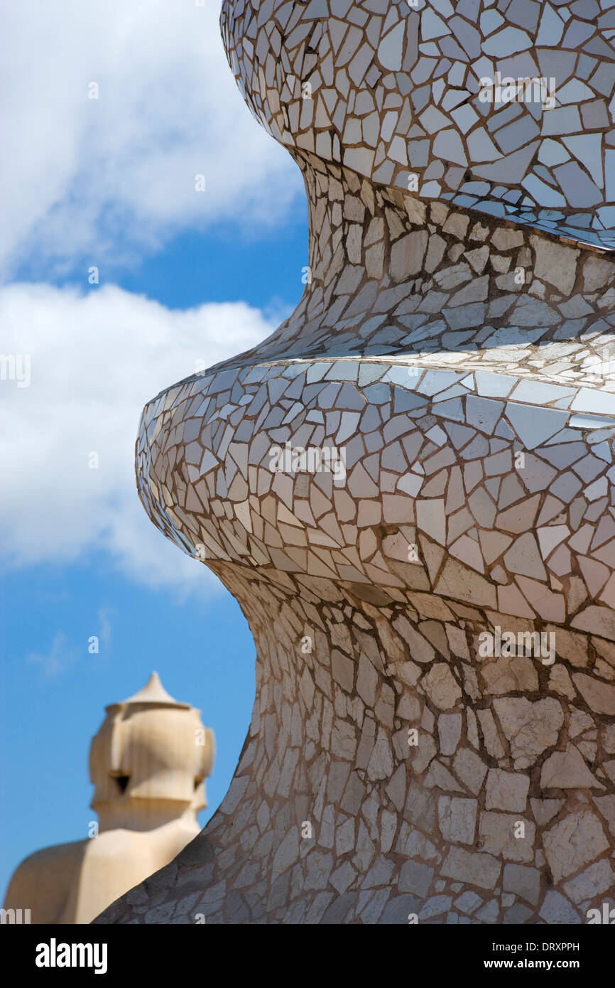 Spain, Catalonia, Barcelona, Chimneys and vents on roof of Casa Mila ...
