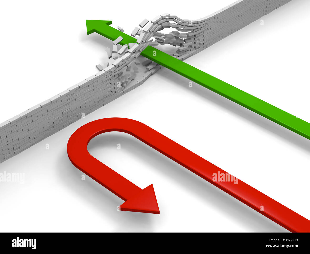 Red arrow breaking through obstacle while the other one turns back ...