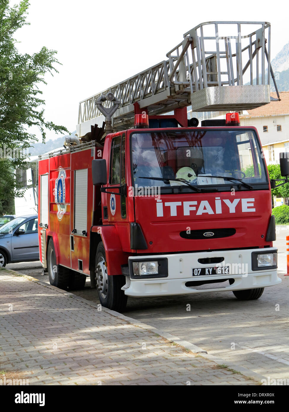 Beldibi, Turkey -June 2013:Fire truck parked on the main street Stock ...