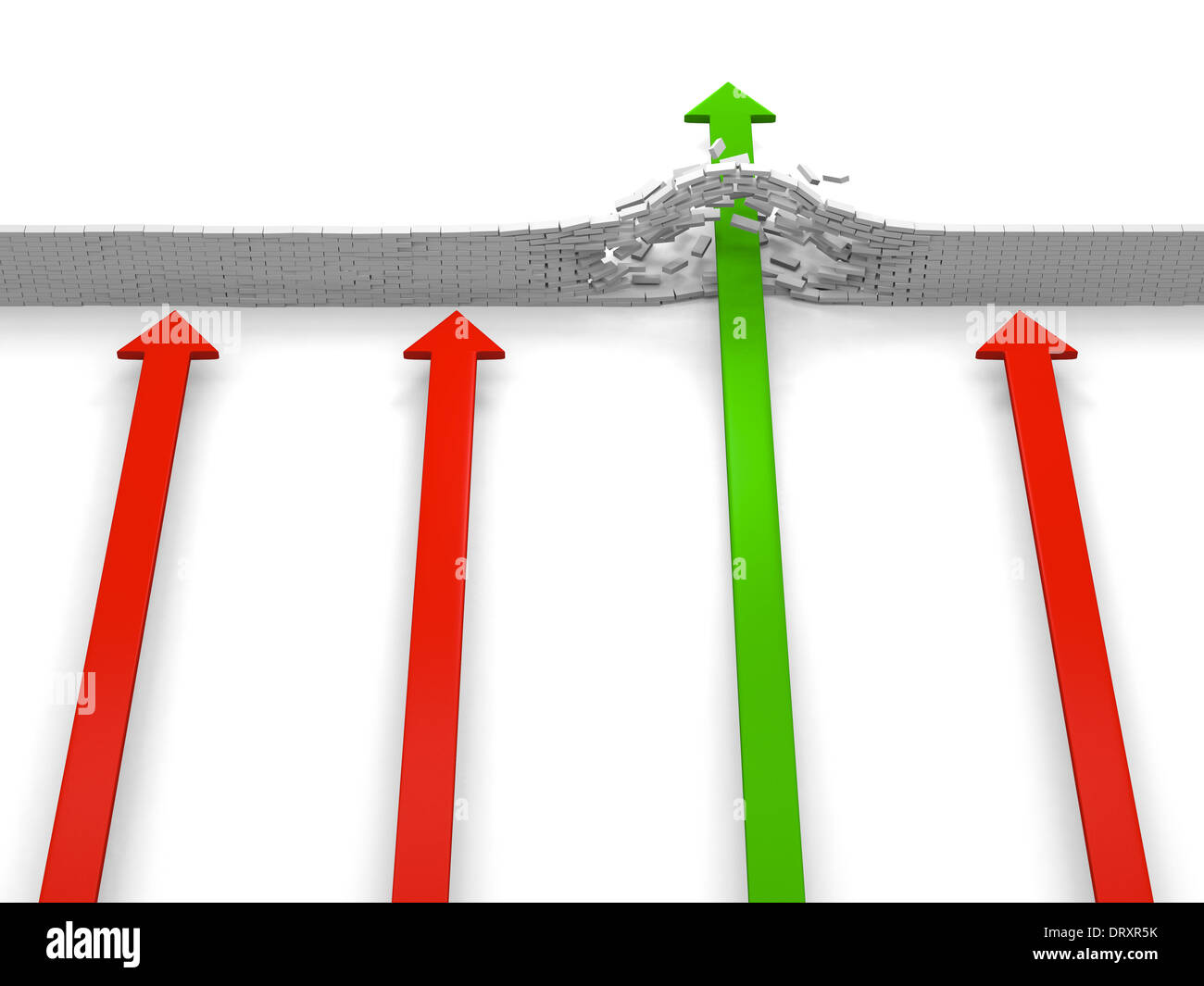 Four arrows coming to an obstacle, only on breaking through, concept of ...