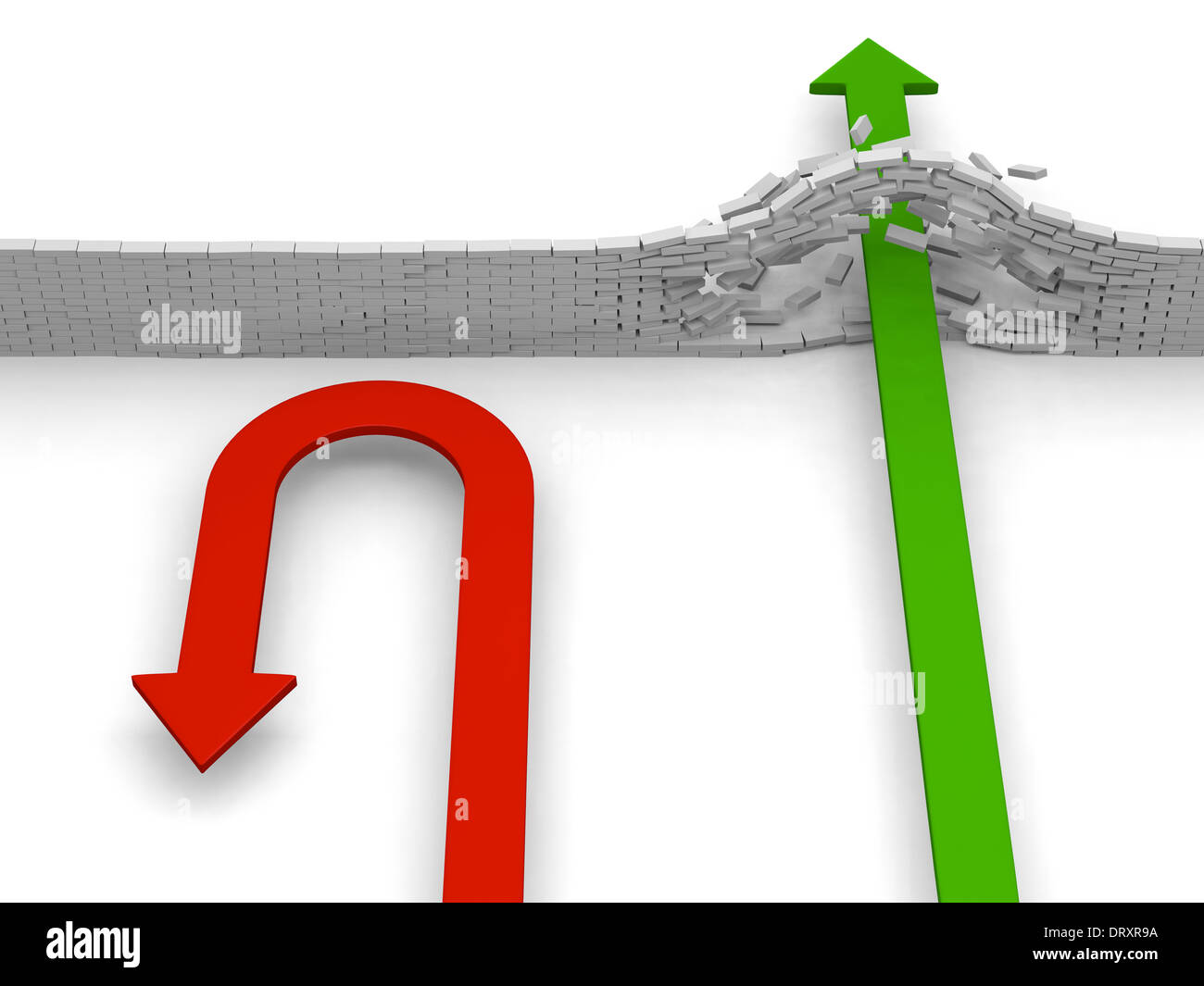 Green arrow breaking through wall while red arrow giving up and turning ...