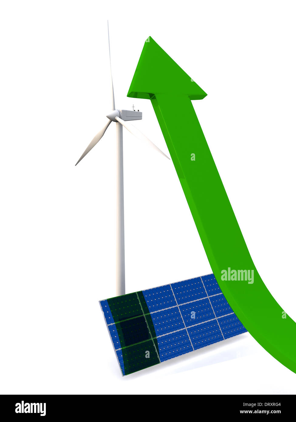 Green arrow pointing upwards next to solar panel and wind turbine Stock ...