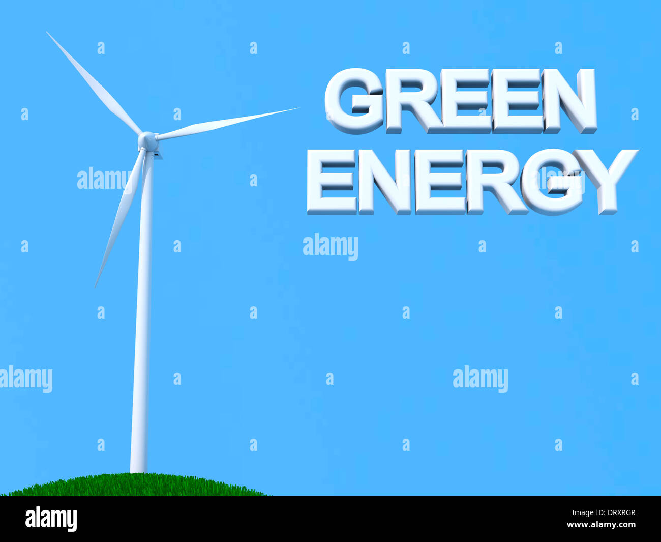Wind turbine with "green energy" sign on blue skies Stock Photo - Alamy