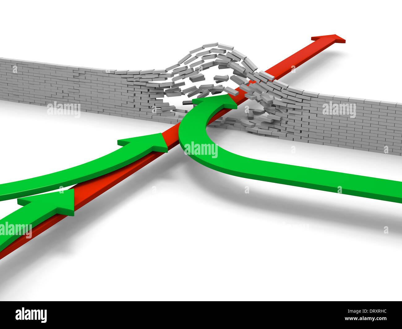 Red arrow breaking through wall followed by green followers, concept of ...