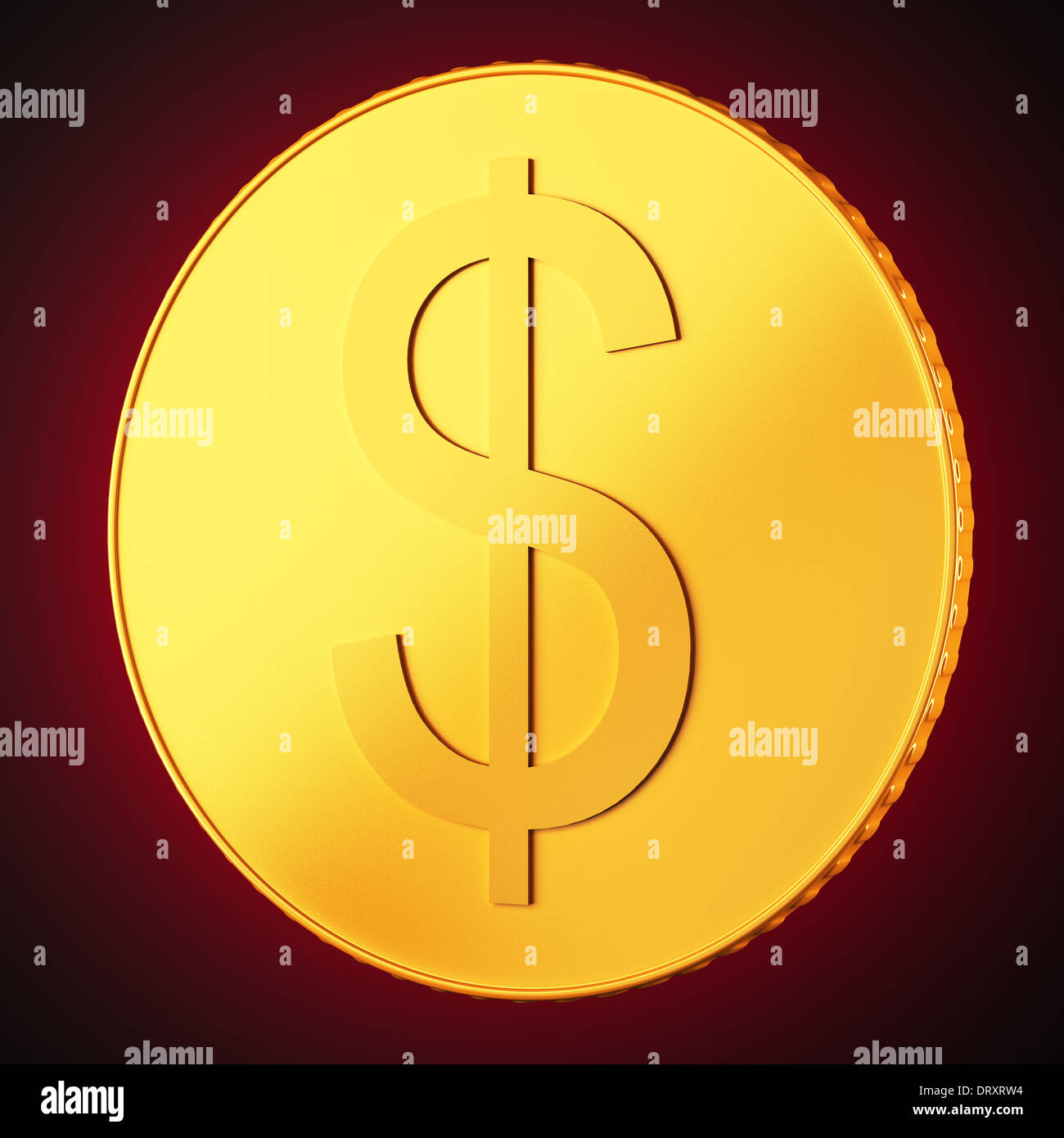 Golden coin with dollar sign on dark red background. 3d illustration ...