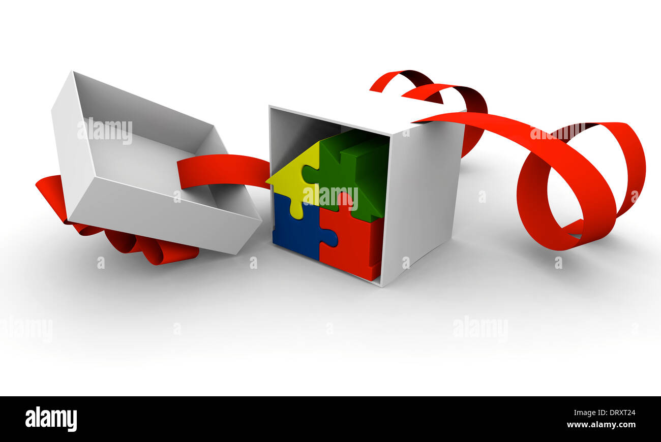 House symbol made of four colorful puzzle pieces inside gift box Stock ...
