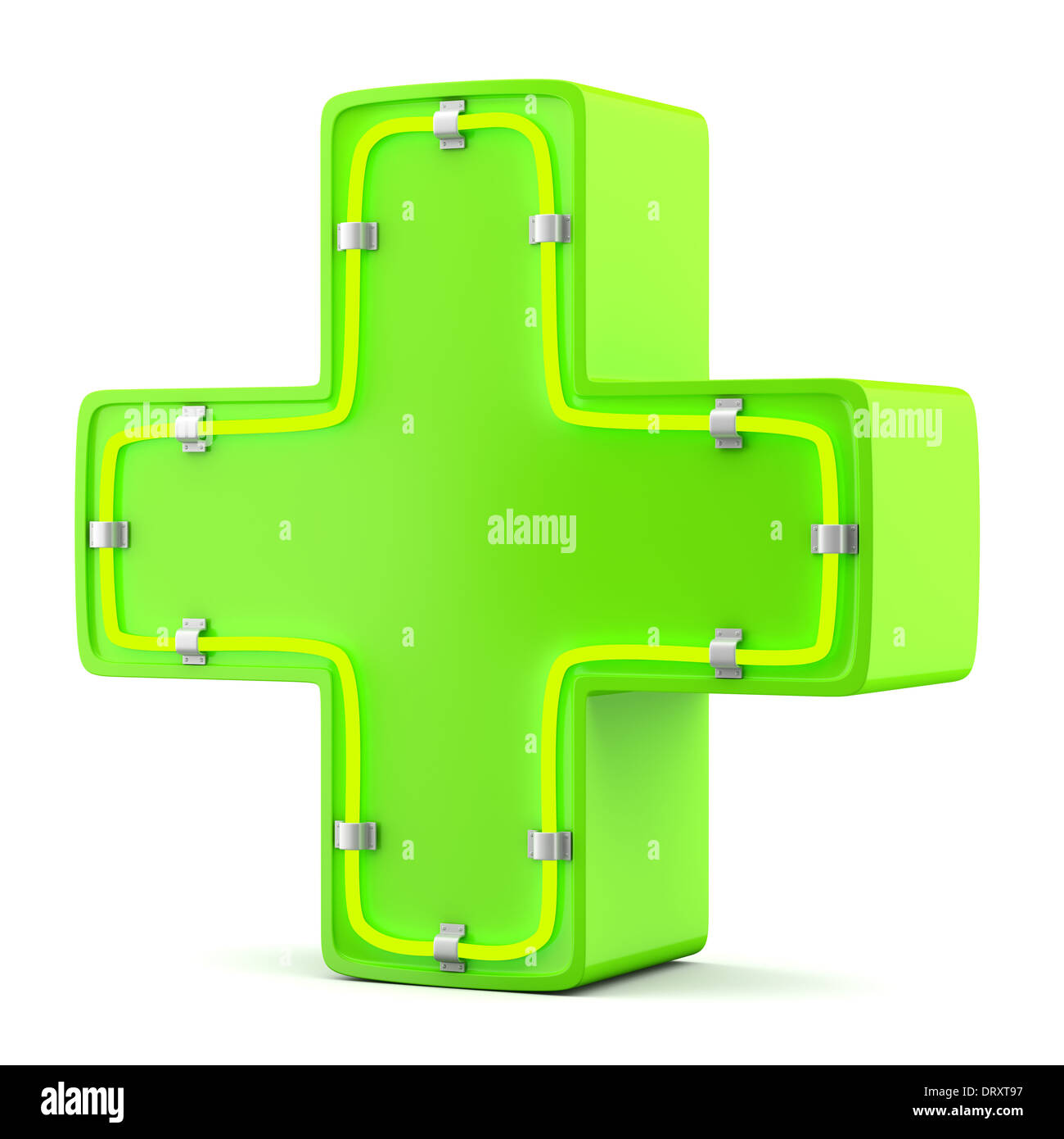 Green cross with neon light isolated on white background. 3d ...