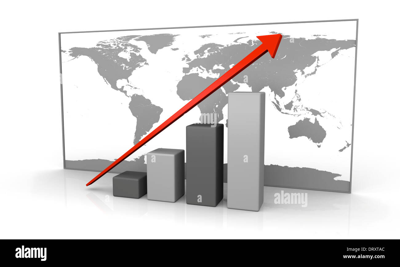 3D illustration of growth concept with linear trend line and map of ...