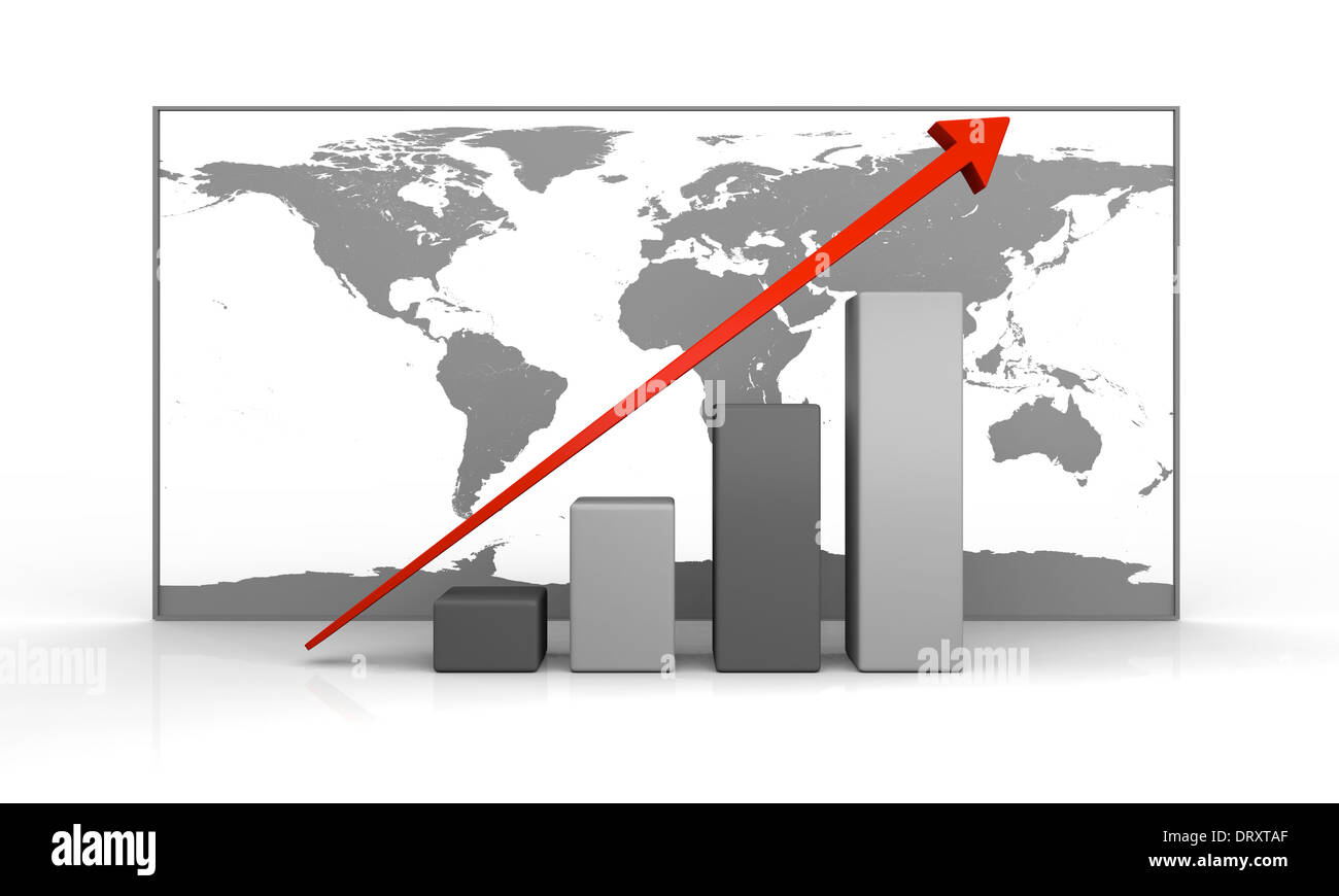 3D illustration of growth concept with linear trend line and map of ...