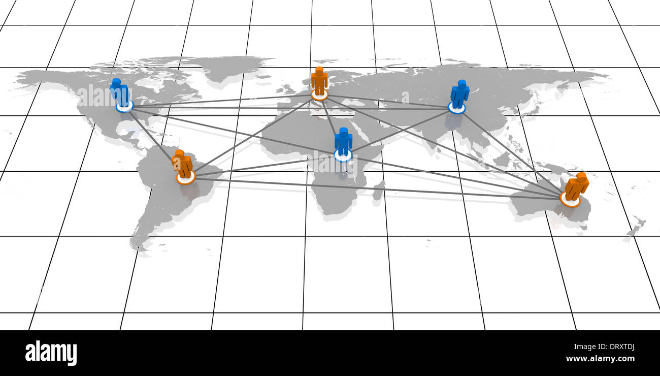Concept of global network with coloured figurines on world's continents ...