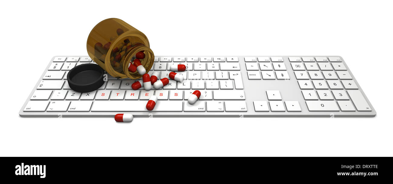 Concept of stress from work. Stress relief pills in opened pill bottle ...