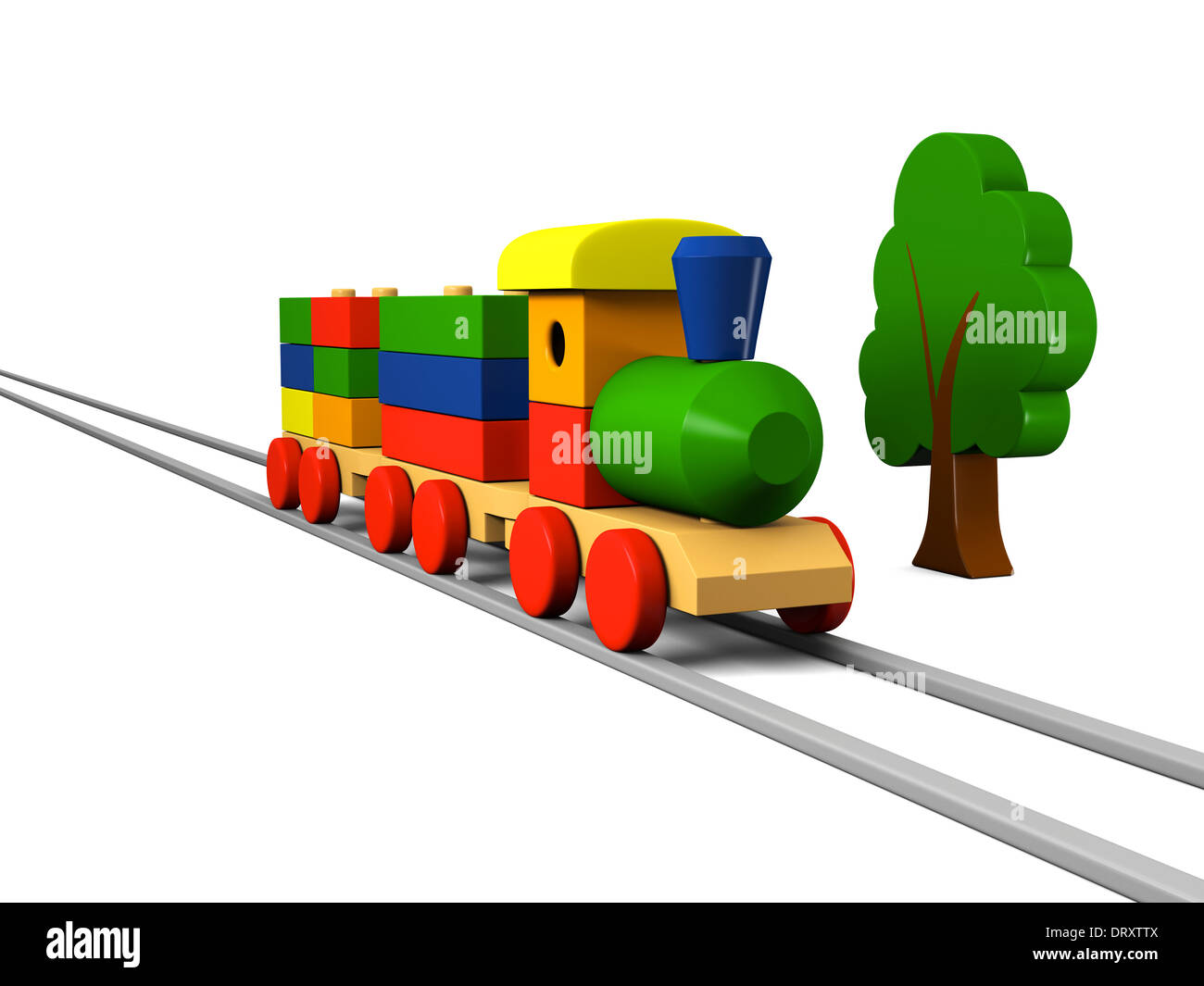3D illustration of colorful wooden toy train on rails Stock Photo - Alamy
